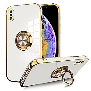 KANGHAR Compatible with iPhone Xs Max Case for Women Girls, Plating Built-in 360 Rotation Magnetic Ring Kickstand Holder Soft Slim Shockproof Bumper Protective Cover (White)
