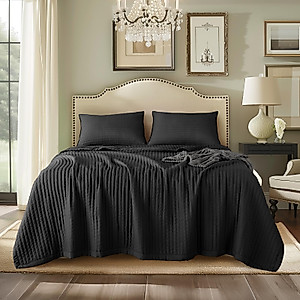 KASENTEX Black King Size Quilt Bedding Sets with Pillow-Shams, Dark Lightweight Soft Bedspread Coverlet, Quilted Blanket Thin Comforter Bed Cover, All Season Summer Spring, 3 Pieces, 104x90 inches