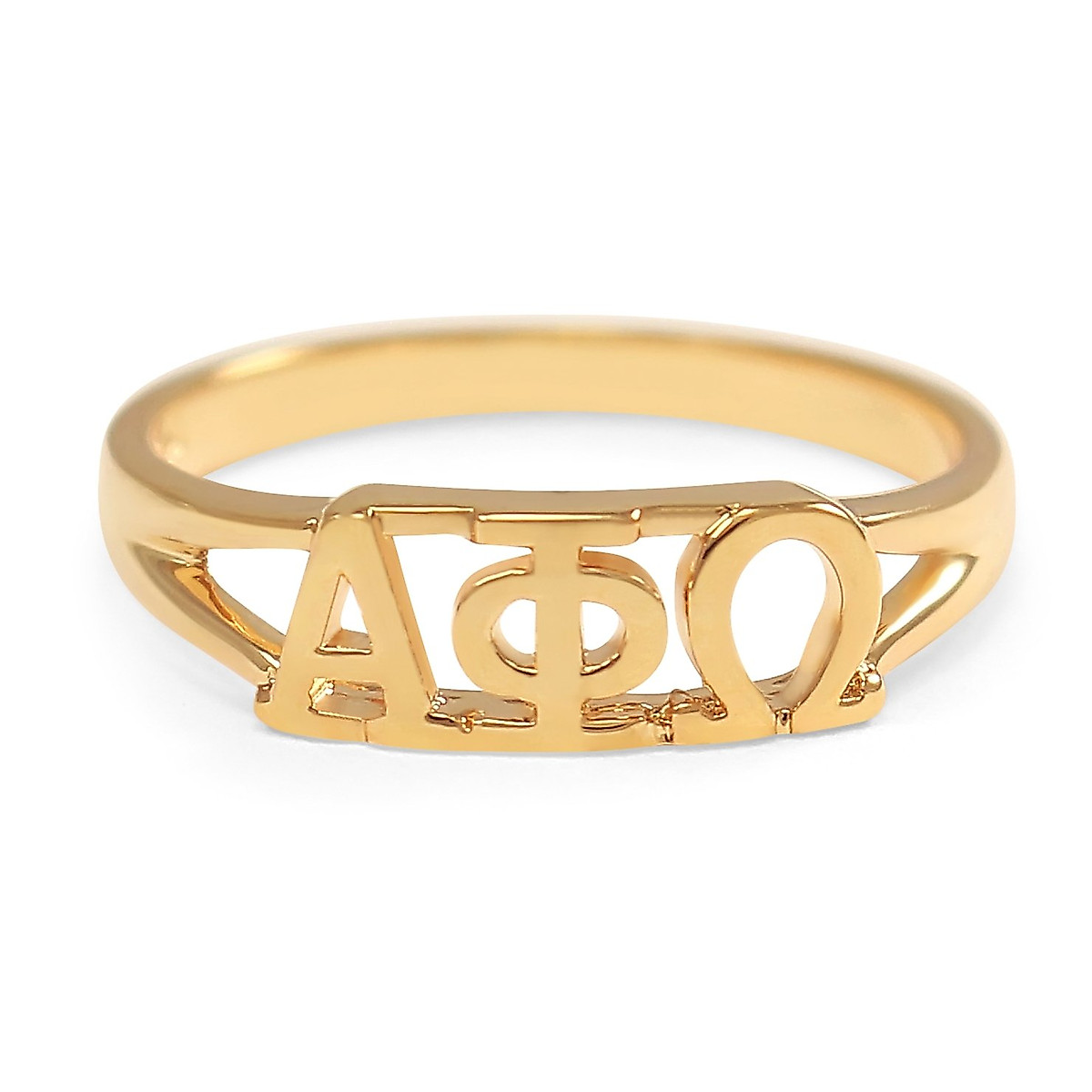 The Collegiate Standard Alpha Phi Omega Co Ed 14k Gold Plated Sorority Ring with Greek letters (7.0)