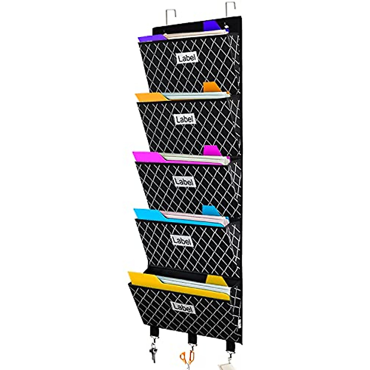 VERONLY Over the Door File Organizer, Wall Hanging File Folders with 5 Large Pocket for Mails, Magazines, Back to School Supplies,Office Chart Storage, Paper Organization (Black)