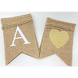 Shimmer Anna Shine Happy Anniversary Burlap Banner for Wedding Anniversary Decorations with Gold Glitter Hearts