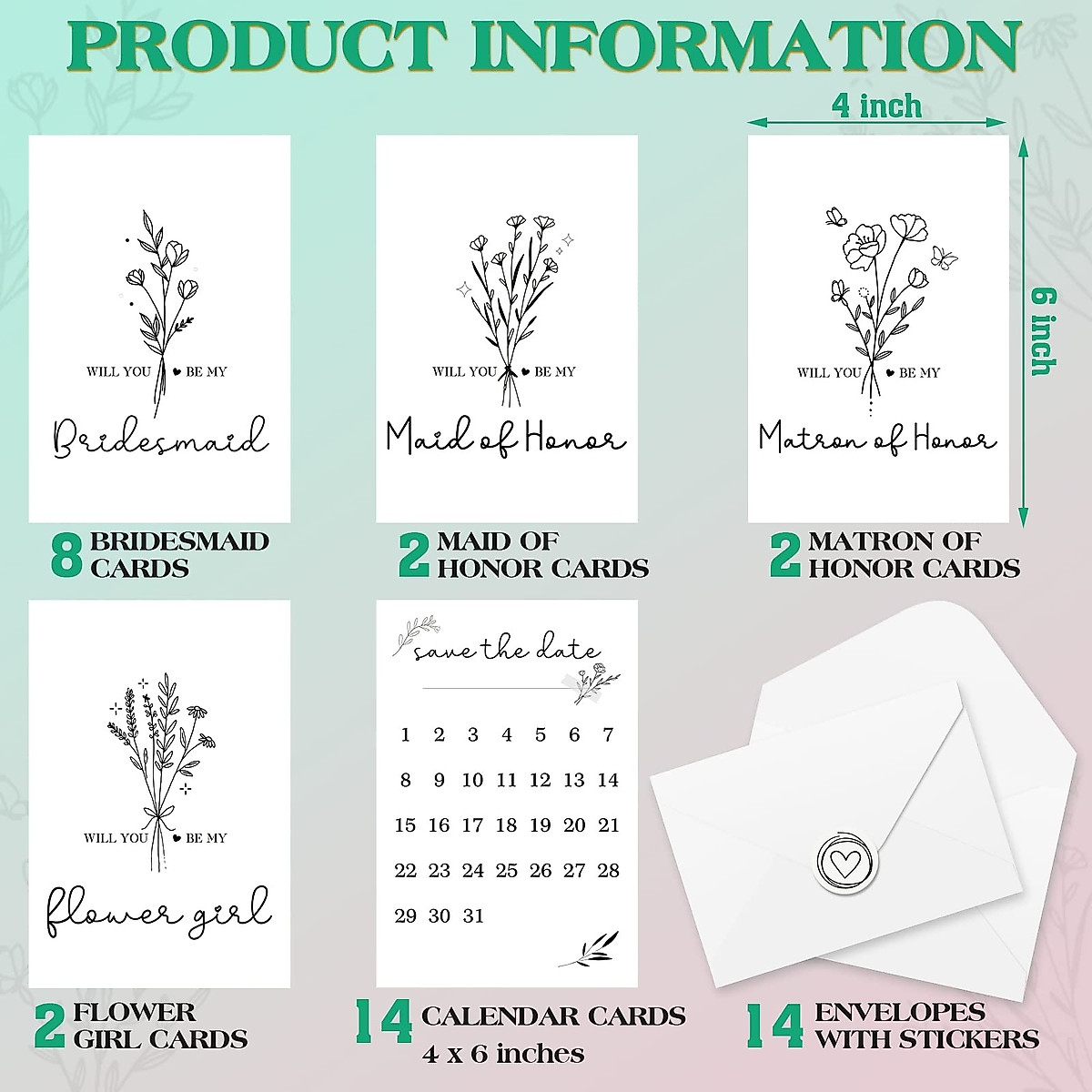 Jutom 28 Pcs Funny Bridesmaid Proposal Card Set, Include 8 Will You Be My Bridesmaid, 2 Will You Be My Maid of Honor, 2 Matron of Honor, 2 Flower Girl and 14 Envelopes for Wedding Bridal Shower