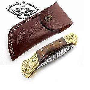 Best.Buy.Damascus1 Damascus pocket knife, Folding knife, Pocket Knife For Men, Knife Set with knife sharpeners Premium Quality gifts for men (Rose Scrimshaw)