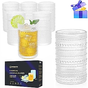 Cocktail Glasses Vintage Drinking Glasses - 12 oz Hobnail Glassware Set of 6 Raindrops Beaded Highball Glassware Romantic Water Glass Cups Suit for Whiskey Juice Beverage Dishwasher Safe Gift Package