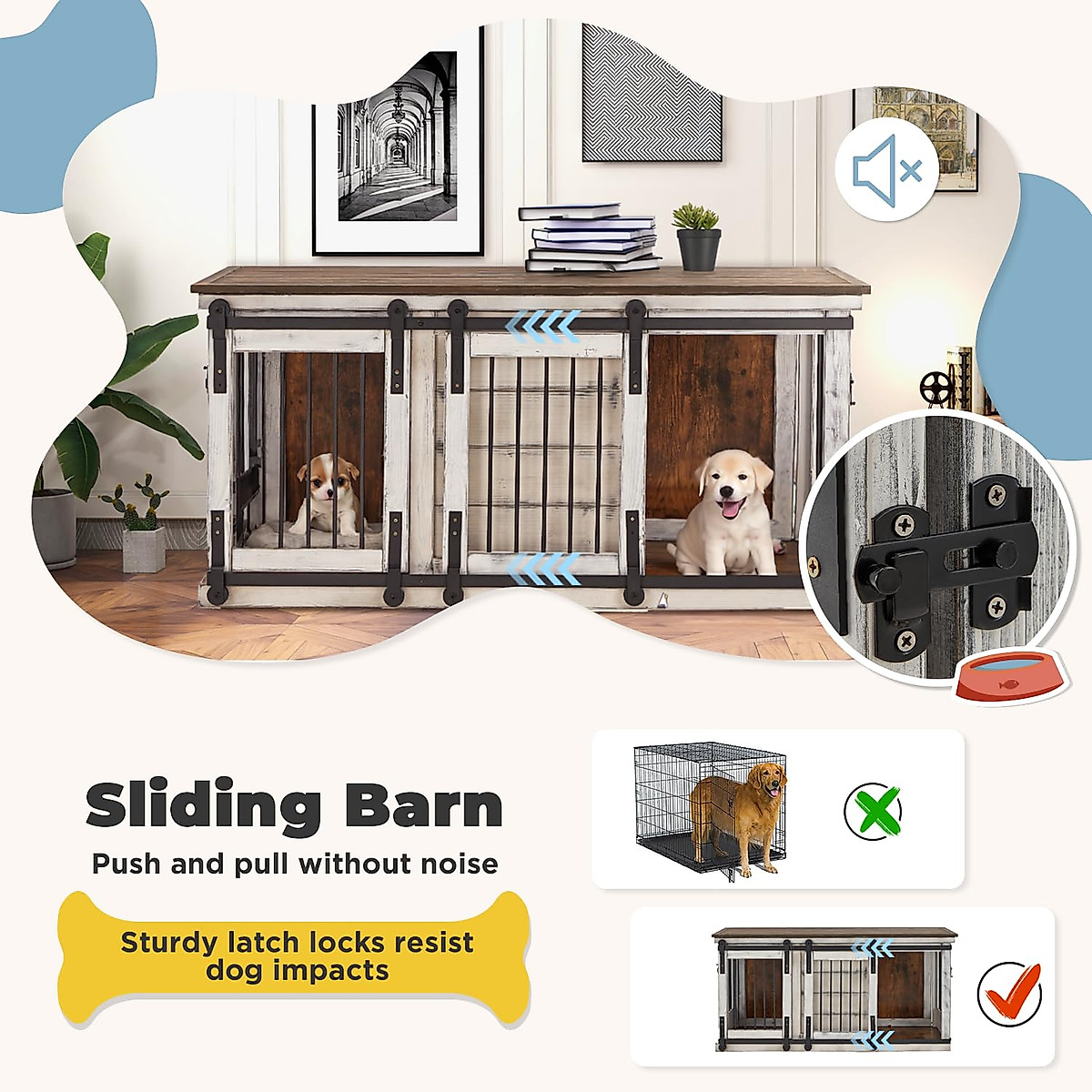 MELLCOM Large Wooden Dog Cage, Durable and Bite Resistant, Spacious with Dividers, Sliding Barn Door Design, White and Brown