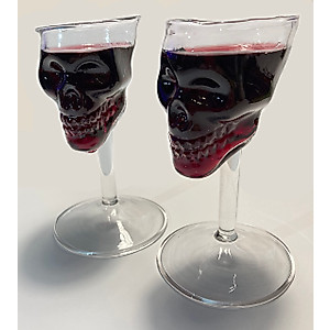 Mazeology Modern Handmade Mouth-blown Crystal Clear Borosilicate Glass SKULL Shaped Set of Two Stemmed Wine or Cocktail Glasses, good for Liquors, After-Dinner Drinks and More!
