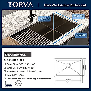 TORVA 32-Inch Gloss Black Workstation Undermount Single Bowl Kitchen Sink, 16 Gauge Stainless Steel with PVD Coated Gunmetal Sink, NanoTek Sink with Bamboo Cutting Board and Drain Tray(Dark Gray)