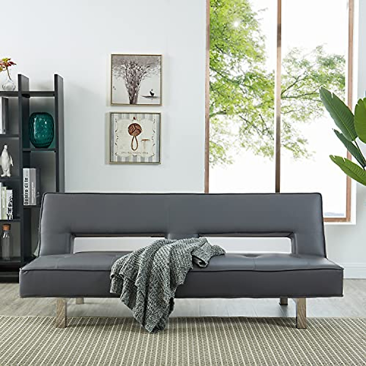 Naomi Home Astrid Futon Sofa Bed - Gray Faux Leather, Modern Style, 3-Position Reclining Mini Sofa/Bed with Chrome Legs, Small Couch for Bedroom Living Rooms, Office