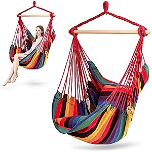 Tangkula Hanging Hammock Chair, Hanging Swing Chair with 2 Pillows, Wood Support Bar, Handmade Cotton Rope Hanging Seat for Indoor Outdoor, Ideal for Bedroom, Patio, Yard, Garden