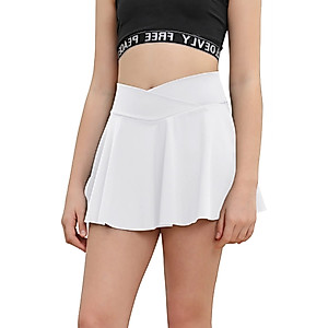 rrhss Gilrs Pleated Tennis Skirt with Pockets Kids V Crossover High Waisted Golf Skorts with Lining Shorts White