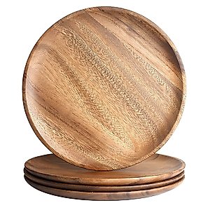 IQCWOOD Wooden Dinner Plates, 11 Inch Round Wood Dinner Plates Set of 4, Acacia Wooden Plates Round Tray Serving Platter for Food Sandwich Dessert Snack Plates
