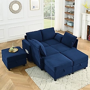 Kxrtuw 7 Seat Modular Sectional Sofa, Convertible Sleeper Sofa Bed with Storage Seat,L-Shape U-Shape Corduroy Velvet Couch for Living Room(Dark Blue)