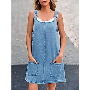 BZB Women's Sleeveless Casual Denim Dress Crewneck Vintage Overall Mini Dress with Pockets (Blue, X-Large)