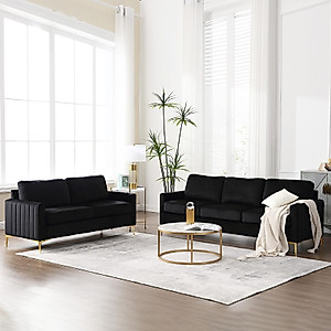 Deolme Velvet Couch Living Room, 85.4-inch Comfy 3-Seater Sectional Couches Love Seat Sofa for Bedroom Furniture juegos de muebles Mid Century Modern Upholstered Soft Cushioned Golden Leg (Black)