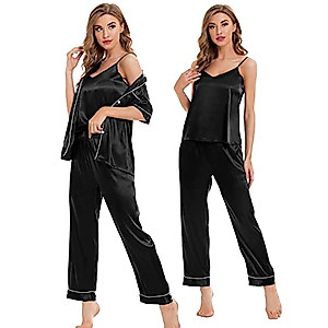 SWOMOG Womens Silk Satin Pajamas Sets 4pcs Sleepwear Sexy Cami Shorts Set and Button Down Short Sleeve Pjs Loungewear A-black