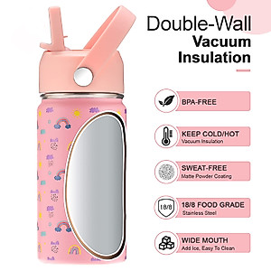 WEREWOLVES 14oz Kids Water Bottle with Straw Lid, Shoulder Strap and Boot - Insulated Stainless Steel, Reusable Leakproof Metal Water Bottles for School Boys Girls