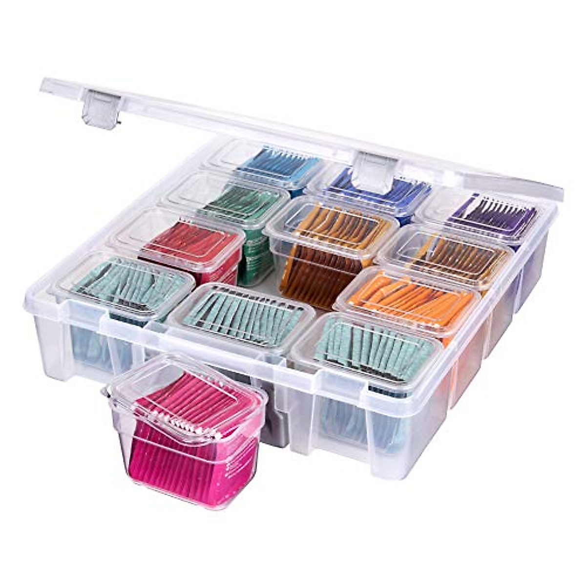 AB Designs 6965ABD Super Satchel with 9 Small Bins Inside, Stackable Home Storage Organization Container, Clear with Sliver Latches and Handle