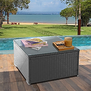 Crownland Patio Furniture Grey Wicker Square Outdoor Coffee Tables with Square Glass Top for Garden, Pool, Backyard