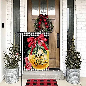 Baccessor Christmas Jesus is the Reason for the Season Garden Flag Burlap Double Sided, Nativity Religion Jingling Bell Red Bow-knot Flag Winter Holiday Xmas Yard Outdoor Decoration 12.5x18 Inch