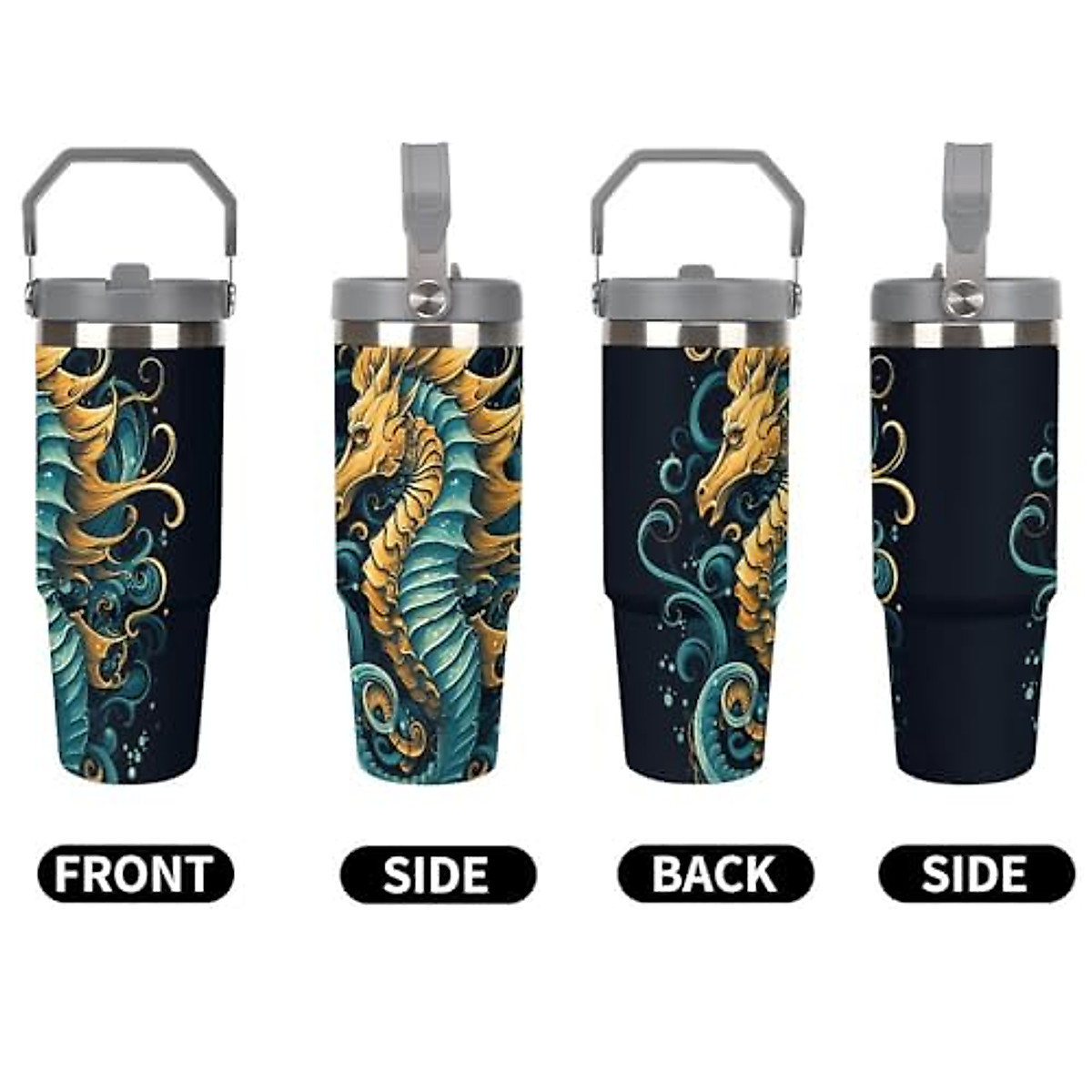 YTLKGFP 30 Oz Large Capacity Car Cup Seahorse Blue Pattern Tumbler with Handle Straw Lid Insulated Stainless Steel Water Bottle Travel Mug Leak-proof Car Cup Keeps Cold Or Hot