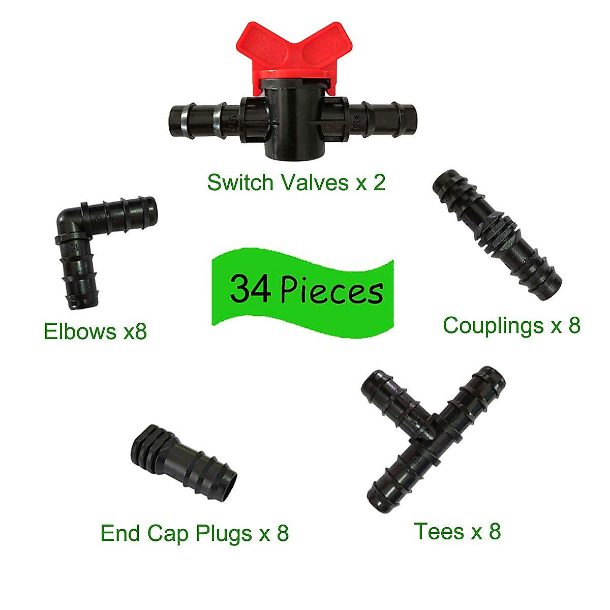 Drip Irrigation Fittings Kit, Irrigation Barbed Connectors for 1/2" Tubing 34 Piece - 2 Switch Valves, 8 Couplings, 8 Tees, 8 Elbows and 8 End Cap Plugs, Irrigation Water Hose Connector 1
