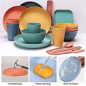 48 Pcs Wheat Straw Dinnerware Sets, Unbreakable Plates and Bowls Sets, Reusable Dinnerware Sets for 4 People, Travel Camping Picnic Home Party Cutlery Set, Dishwasher Microwave Safe Dishes