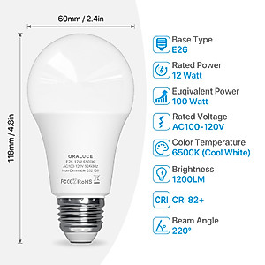ORALUCE LED Light Bulb, A19 12W Lightbulbs, 100 Watt Equivalent, 120V 1200LM, 6500K Cool White, E26 Medium Base, Non Dimmable, Energy Efficient, UL Listed, 6 Pack
