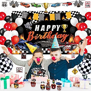 Race Car Birthday Party Supplies, 142 Pcs Racecar Racing Party Decorations for Boys Baby - Backdrop, Banner, Cake, and Cupcake Toppers, Balloons, Cupcakes Wrappers, Party Traffic Signs, Flags