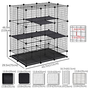 PawHut Small Animal Playpen C&C Cage Wire Bunny Pen for Kitten, Chinchillas, with Doors, Ramps and Trays, Black