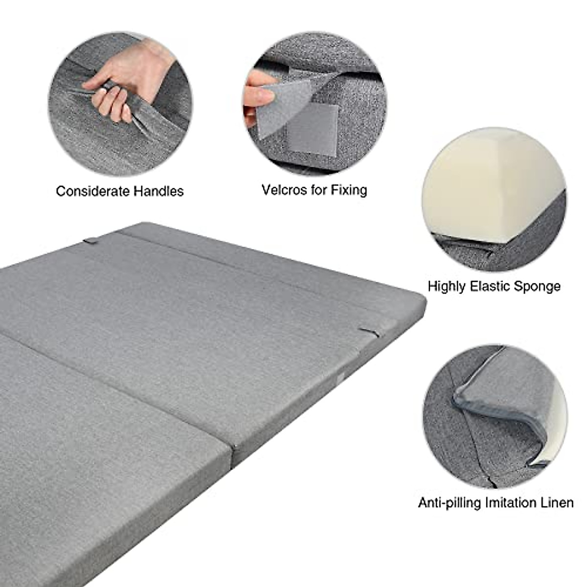 Varbucamp 4 Inch Folding Mattress, Memory Foam Portable Mattress and Sofa Bed with Washable Cover for Guest, Camping, Bedroom, Gray(80'' x 59'' x 4'')
