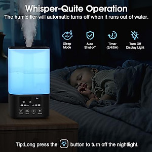Humidifiers for Bedroom, Cool Mist Humidifiers for Large Room, 3L Top Fill Humidifiers for Home Baby Nursery, Remote Control, 360°Nozzle, Auto Shut-Off, Sleep Mode, 3 Mist Levels, Nightlight, Timer