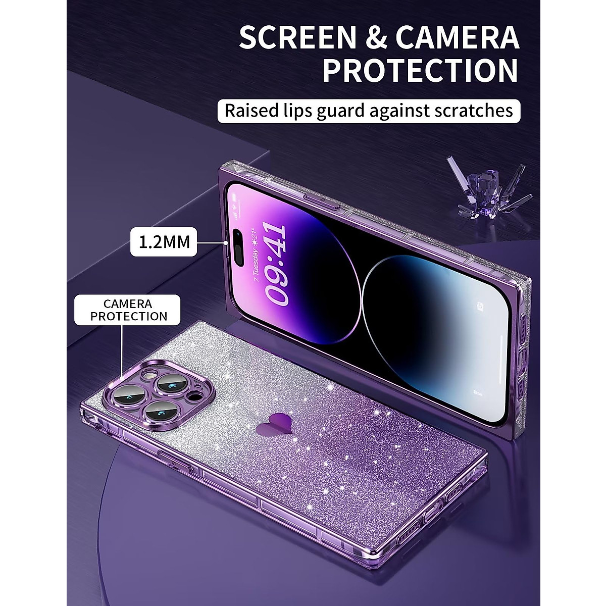 Tzomsze for iPhone 14 Pro Max Case Square [2 in 1] Clear &Glitter Cute Heart Pattern,Full Lens Protection & Electroplate Reinforced Corners Shockproof Edge Bumper Case [6.7 inches] -Purple