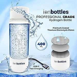 ionBottles® - Pro Model Rechargeable Portable Glass Hydrogen Water Generator Bottle up to 3000 PPB with PEM and SPE Technology Balanced Perfectly Balanced pH Water Ionizer