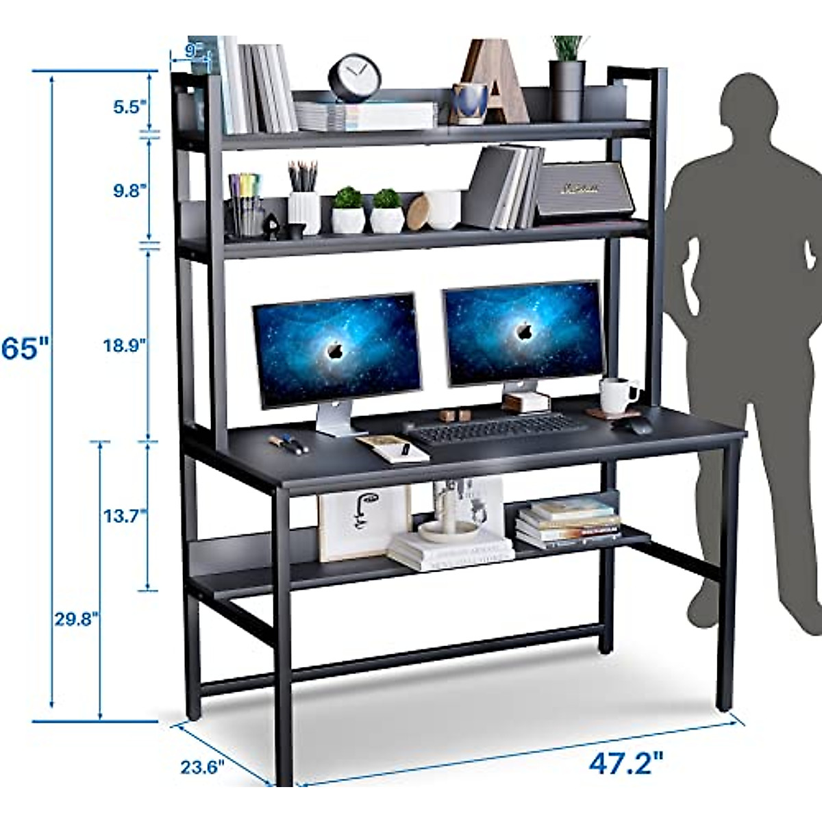 Aquzee Computer Desk with Hutch and Bookshelf, 47 Inches Black Home Office Desk with Space Saving Design, Metal Legs Table Desk with Upper Storage Shelves for Study Writing/Workstation, Easy Assemble