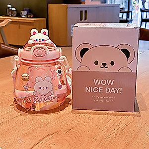 JQWSVE Kawaii Water Bottle with Straw Cute Water Bottles 46oz Big Belly Water Bottle Large Capacity Kawaii Bear Bottle Cute Cartoon Drinking Bottle for Milk Juice Tea