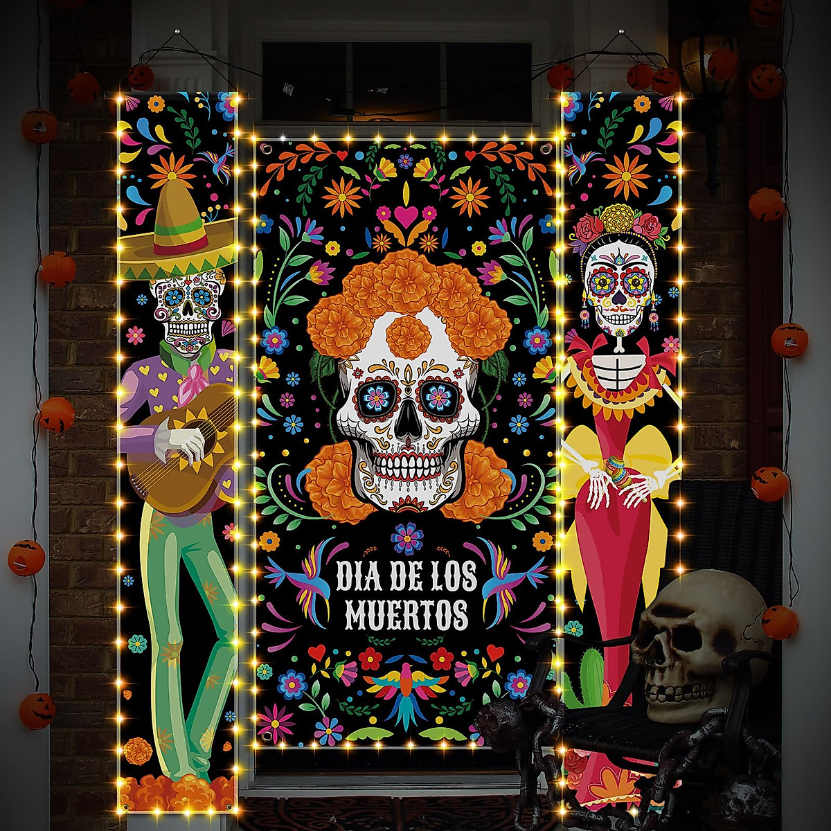 Preboun 3 Pcs Lighted Day of The Dead Porch Sign LED Mexican Halloween Decorations Dia De Los Muertos Day of The Dead Sugar Skull Marigold Flower Door Banner with Light for Halloween Party Decor