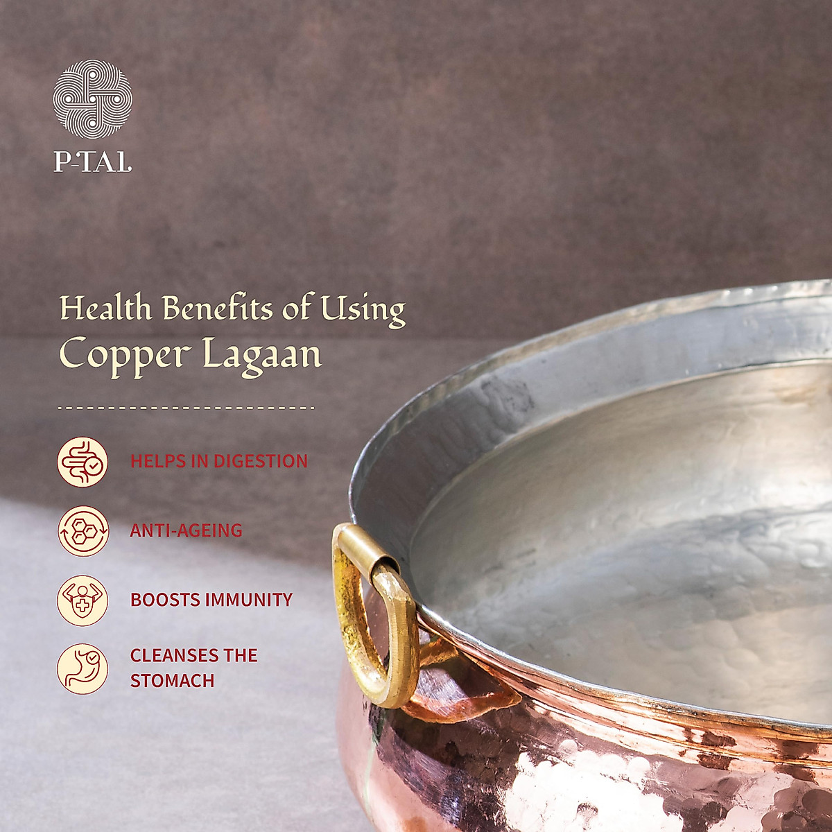 P-TAL Copper Hammered Lagaan | Cookware and Serveware | Pure Copper for Ayurvedic Health Benefits