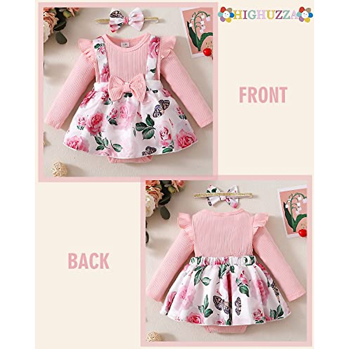 HIGHUZZA Baby Girl Clothes Newborn Dress Infant Romper Outfits Jumpsuit Clothing Suspender Headband Overall Skirt Set Winter Fall 0-3 Month Pink