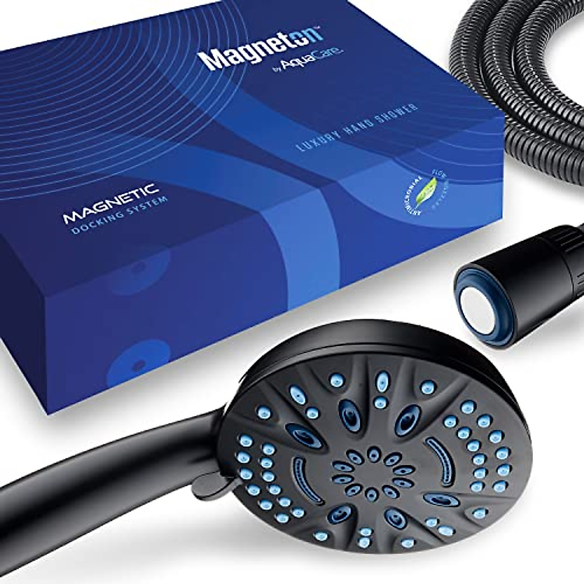 Magneton by AquaCare High-Pressure 8-mode Handheld Shower Head with Magnetic Guidance Docking System - 2 Magnetic Brackets, 5 inch Face, Hygienic Jets, 6 ft. Stainless Steel Hose/Matte Black Finish