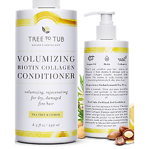 Tree to Tub Vegan Biotin and Collagen Conditioner for Dry, Damaged Hair - Volumizing Sulfate Free Fine Hair Thickening Conditioner for Women & Men w/Organic Argan Oil, All Natural Lemon, Tea Tree Oil