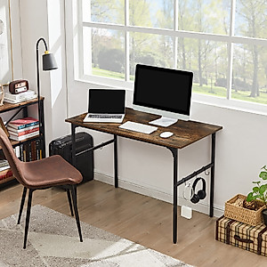VECELO 44" Computer Writing Desk for Home Office, Study Table Workstation for Small Spaces with 6 Hooks & Adjustable Legs, Metal Frame,Brown, 44Inches