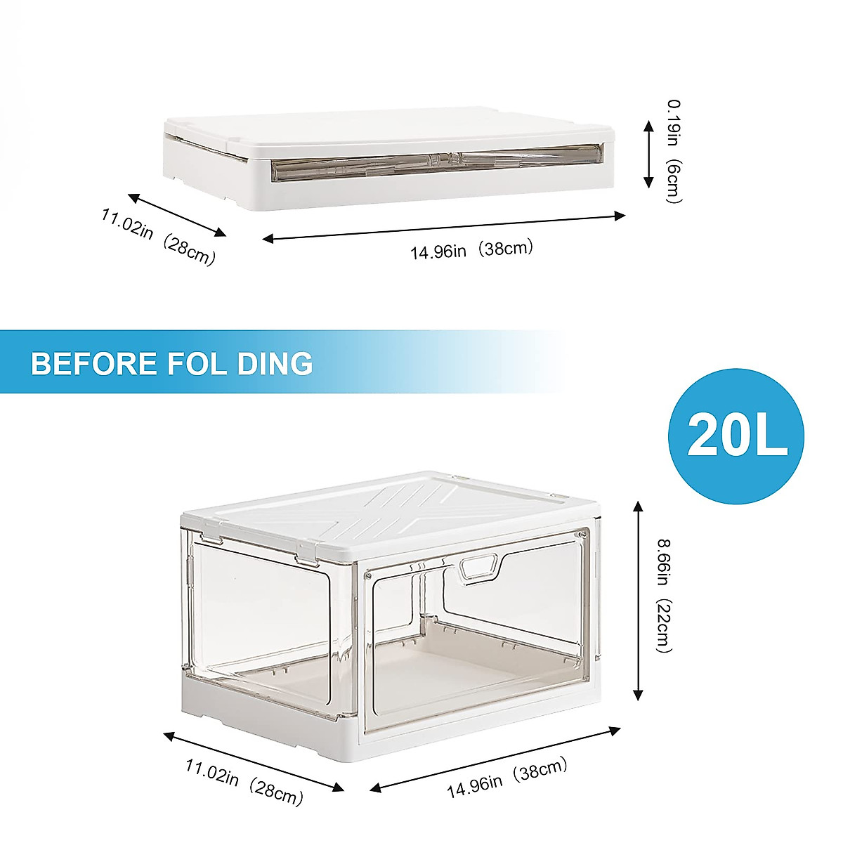 Bemodst Foldable Plastic Door Storage Bins Shoebox With Lids,26Quart Storage Containers, Stackable Storage Plastic Bins for Can Store Snacks, Artifacts Clothing Books Toys - 2PCS (White)