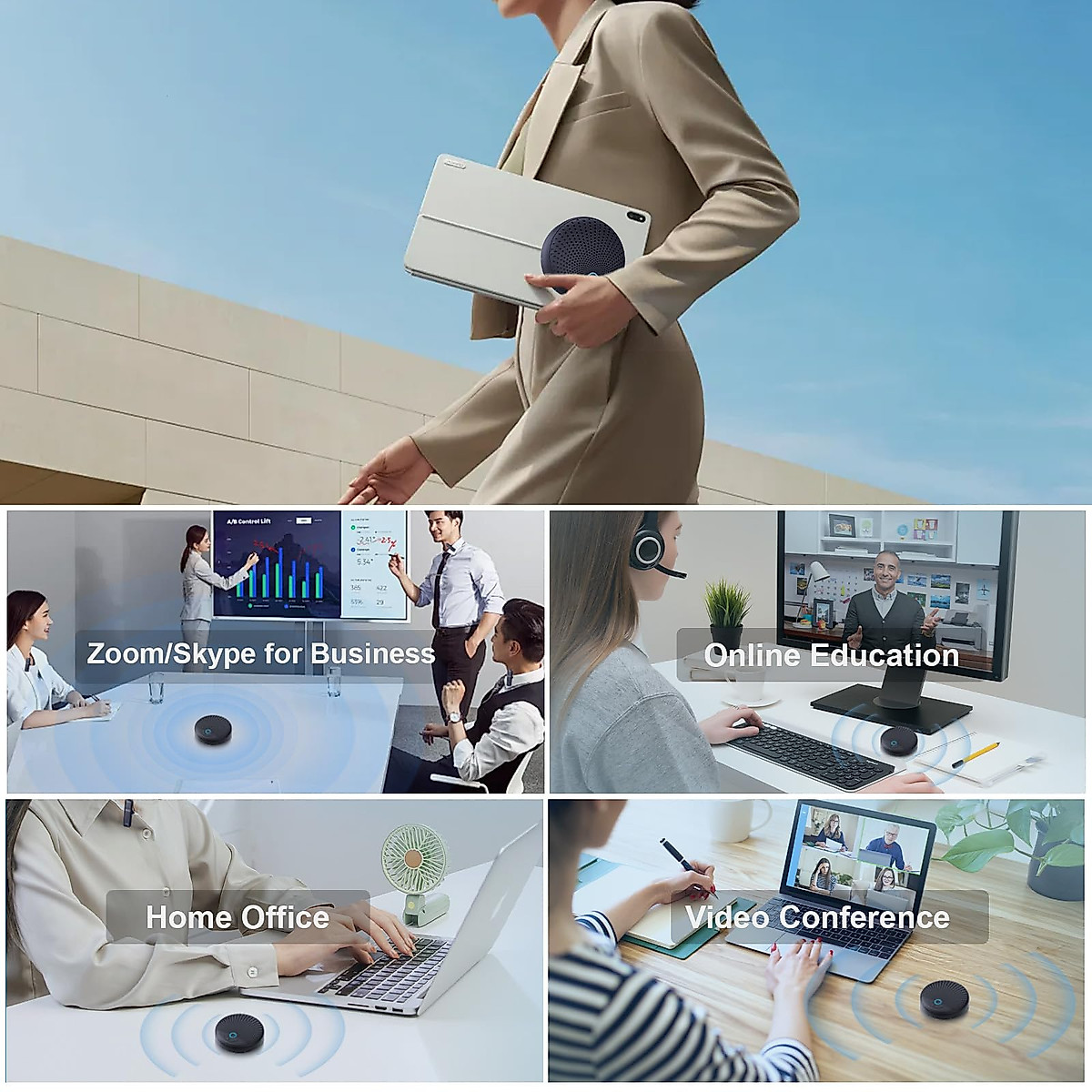 Conference Speakerphone, BALILA Wireless Conference Speaker with 5 Microphones, Portable Omnidirectional Computer Microphone for Streaming, Call Speaker Skype, Webinar, Interview