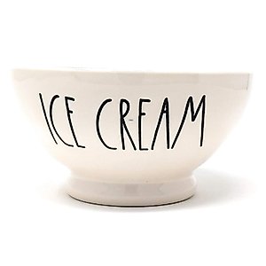 Rae Dunn by Magenta ICE CREAM Bowl, Ceramic, White with Blue Interior and Black LL. 3in x 5.5in