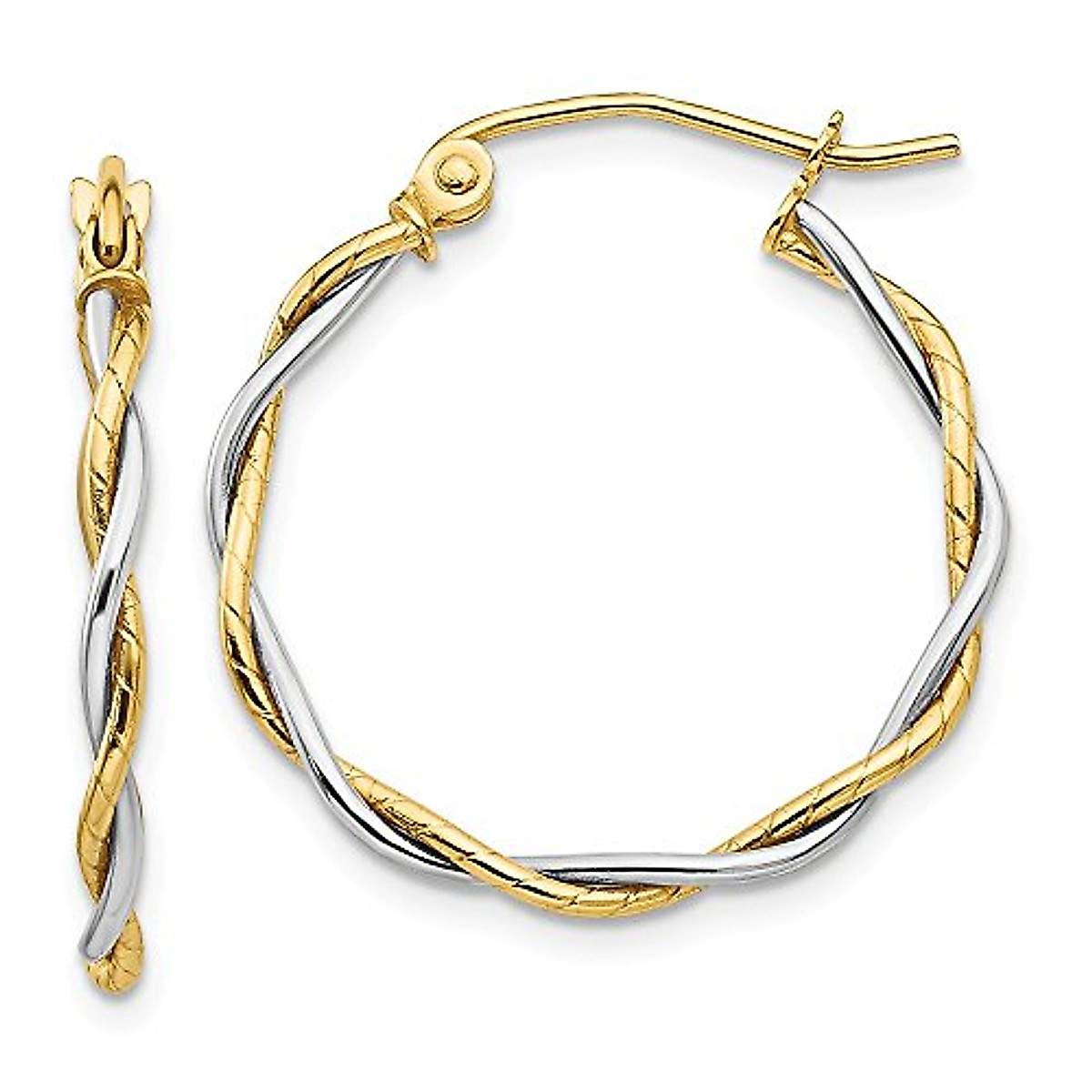 14K Two Tone Gold 1.8mm Twisted Round Hoop Earrings