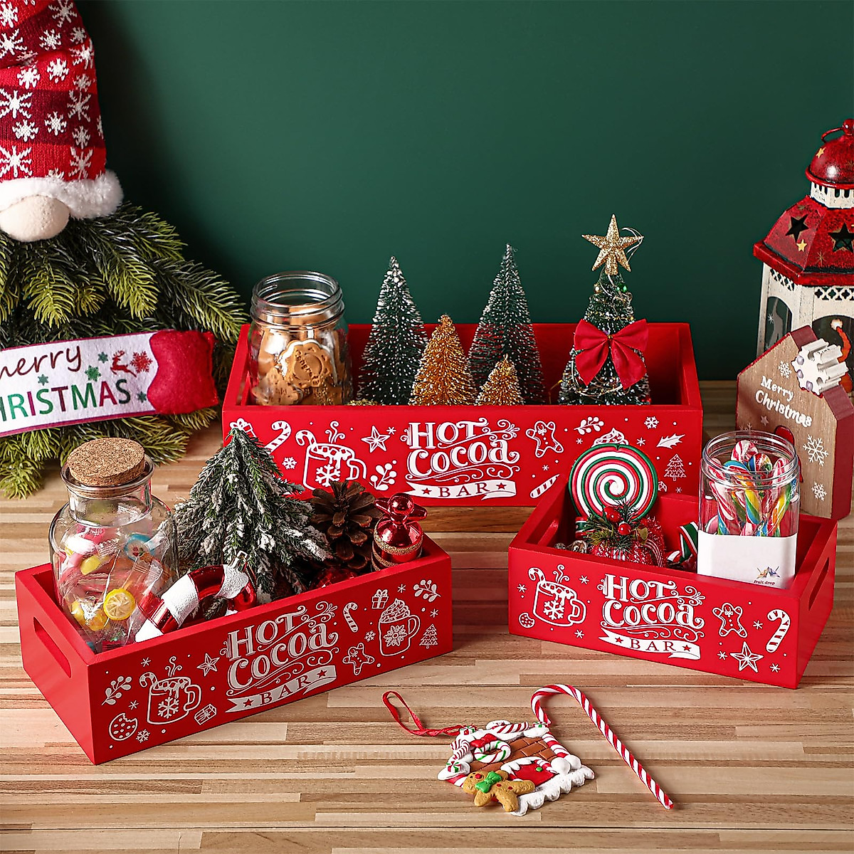Sliner 3 Pcs Christmas Hot Cocoa Bar Wood Storage Box Rustic Farmhouse Wooden Storage Bins Decorative Wooden Basket Bins Xmas Wood Crate Organizer for Kitchen Office Bathroom Laundry Farmhouse Gift