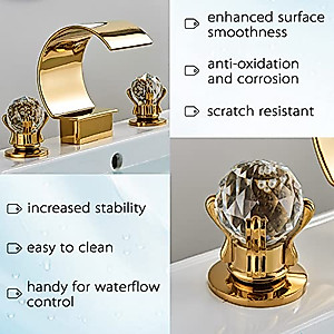 YAGATAP Gold Bathroom Sink Faucet 3 Hole 2 Handle Crystal Knobs High Arc Waterfall Spout Vanity Basin Mixer Tap 8-inch＆Upwards Widespread Bathtub Filler Faucet…