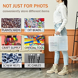 Haundry Photo Storage Box with 16 Inner 4" x 6" Photo Case, Portable Storage Organizer with Handle Craft Keeper for Picture, Stickers, Stamps, Screws, Hair Clips, Clear