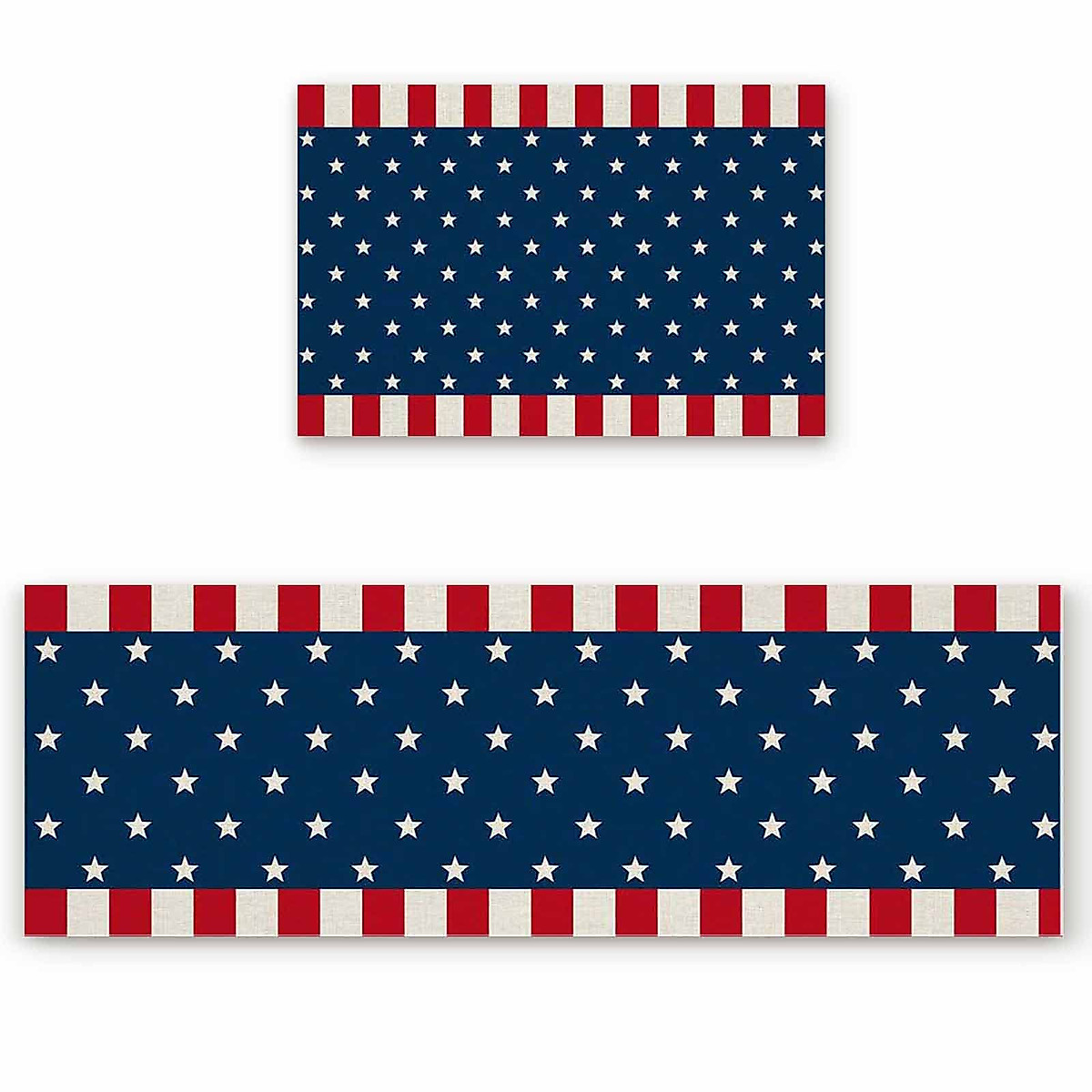 July 4th Kitchen Rugs Sets 2 Pcs Floor Mats Independence Day USA Flag Stars Stripe Red White and Blue Doormat Non-Slip Rubber Backing Area Rugs Carpet Inside Door Mat Pad Sets-16"x 24"+16"x47"