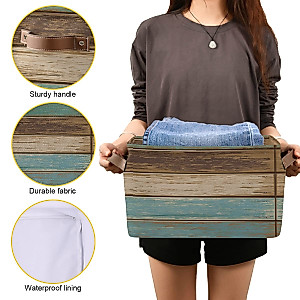 Teal Green Brown Retro Rustic Wood Texture Square Storage Basket Storage Bins Canvas Storage Organizer Closet Shelf Organizer for Home Office, 2 Pc